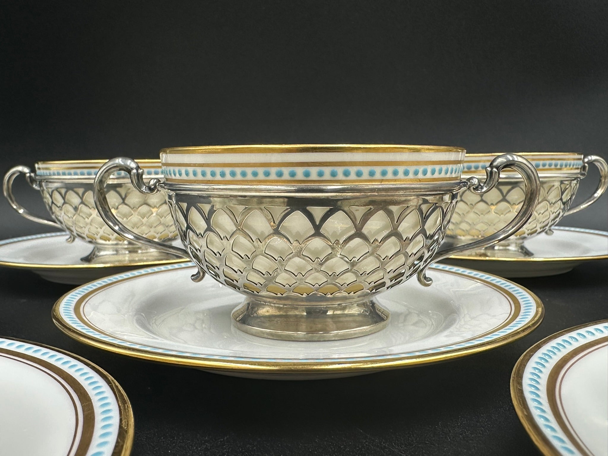 Set of 8 Tiffany Blue Dot Sterling Silver Bouillon Cups w/ Saucers by ...